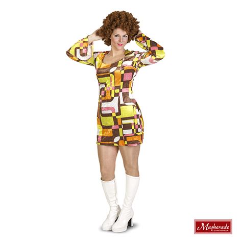Stretch Disco Jurkje Met Oranje Met Gele Print Huren Bij Maskerade Kledingverhuur