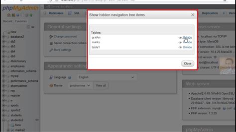 how to hide and show tables in mysql phpmyadmin youtube