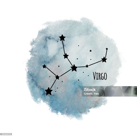 처녀자리 조디악 표지판 별자리는 수채화 배경에 흰색 별자리 문자 푸른 하늘의 검은 별자리에 분리되어 있다 물고기자리에 대한 스톡