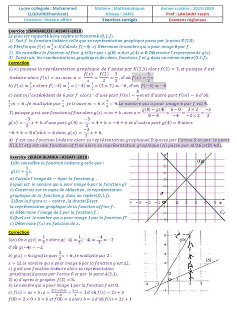 Exercices Fonction Lineaire Et Fonction Affine 3eme Annee Colleg2 Pdf