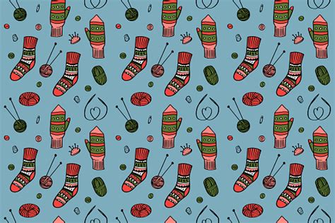 뜨개질 바늘과 양모 공이 있는 니트 장식 양말 완벽 한 패턴 뜨개질 취미 겨울 따뜻한 옷 테마 배경 전단지 포스터 라벨 로고 아늑한에 대 한 기사 디자인 12월에 대한 스톡