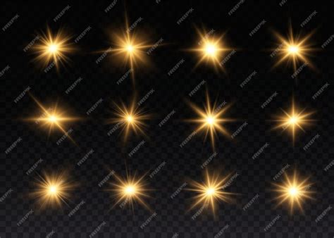 밝은 별의 집합입니다 투명 배경에서 노란색 빛나는 빛이 폭발 투명한 빛나는 태양 밝은 플래시 밝은 플래시를 중앙에 둡니다 반짝이는 마법의 먼지 입자 반짝임