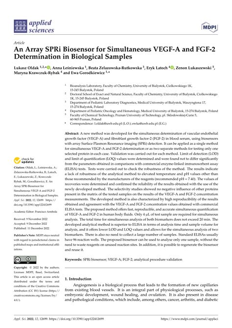 Pdf An Array Spri Biosensor For Simultaneous Vegf A And Fgf 2 Determination In Biological Samples