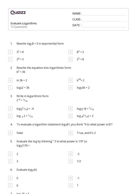 50 logarithms worksheets for 11th class on quizizz free and printable