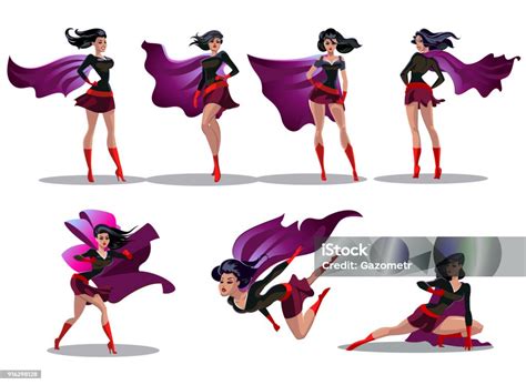 만화 슈퍼 우먼 서로 다른 포즈에서 작업입니다 여성 슈퍼 히어로 벡터 만화 캐릭터입니다 슈퍼 히어로 여자 만화 그림 슈퍼히어로에 대한 스톡 벡터 아트 및 기타 이미지