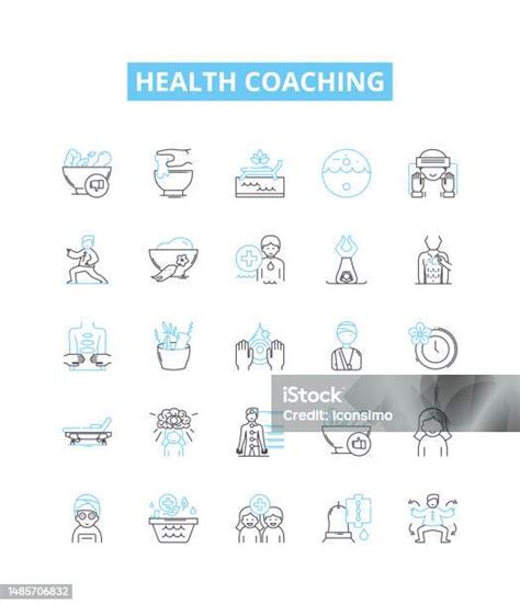 건강 코칭 벡터 라인 아이콘이 설정되었습니다 건강 영양 코칭 운동 건강 습관 다이어트 그림은 개념 기호와 기호를 설명합니다 아이콘에 대한 스톡 벡터 아트 및 기타 이미지