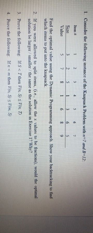 Solved 1 Consider The Following Instance Of The Knapsack