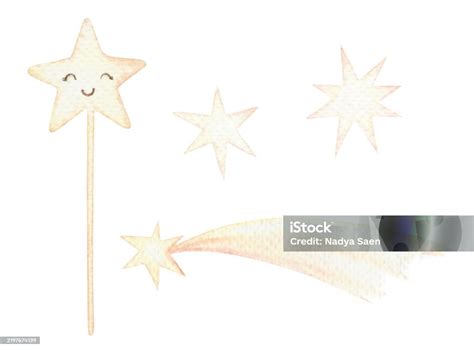 마술 별 혜성과 마술 지팡이 아기 그림의 세트 만화 스타일 손으로 그린 수채화 어린이 친화적 인 캐릭터입니다 파자마 파티 템플릿과 어린아이 같은 디자인에 사용하기에