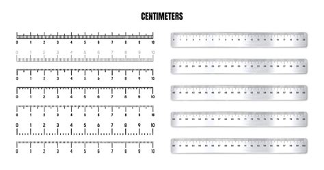 길이나 높이를 측정하기 위한 검은색 센티미터 눈금이 있는 현실적인 금속 눈금자 구분선이 있는 다양한 측정 눈금자 줄자 표시 크기 표시기 벡터 그림 프리미엄 벡터