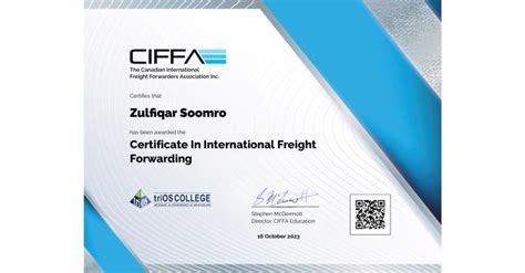 Certificate For Certificate In International Freight Forwarding Issued By Canadian International