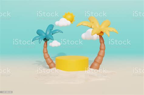 3d 코코넛 나무와 여름 요소가 있는 화창한 날의 여름 열대 모래 해변 3d 렌더링 0명에 대한 스톡 사진 및 기타 이미지 0명 계절 귀여운 Istock