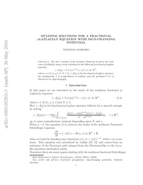 Pdf Multiple Solutions For A Fractional P Laplacian Equation With
