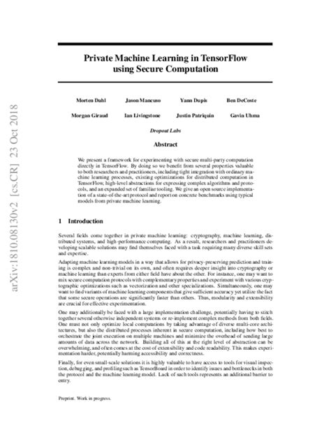 Pdf Private Machine Learning In Tensorflow Using Secure Computation