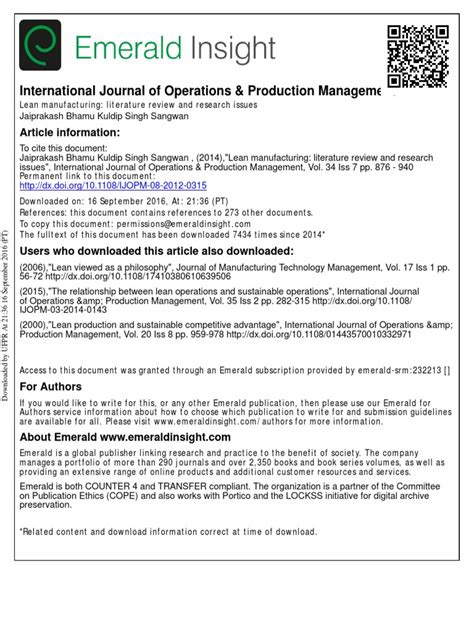 Lean Manufacturing Literature Review And Research Issues Pdf Lean Manufacturing Operations