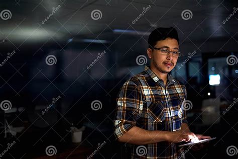 Man Developer And Tablet In Office At Night For Software Development Coding And Code Analytics