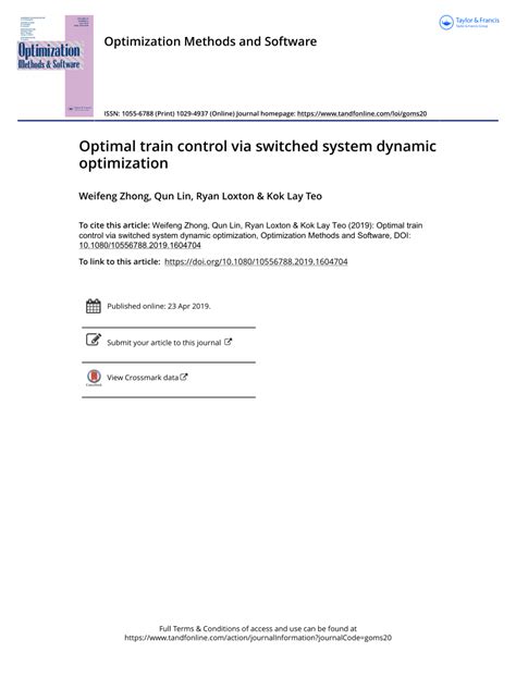 Pdf Optimal Train Control Via Switched System Dynamic Optimization