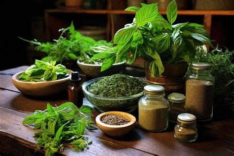 Premium Ai Image Variety Of Fresh Medicinal Plants On A Table