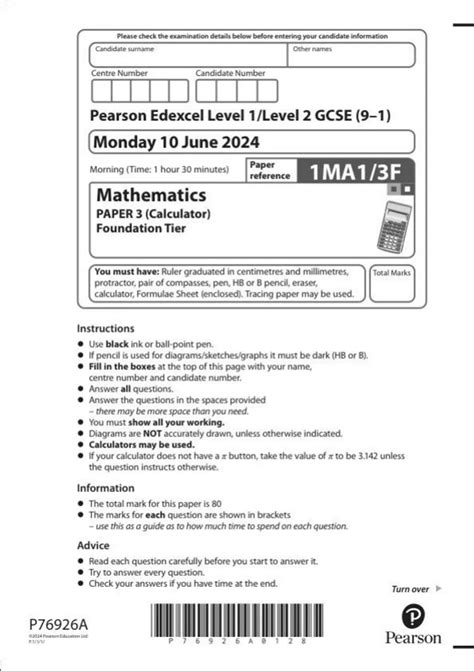 Pearson Edexcel Level Level GCSE Mathematics PAPER Calculator Foundation Tier