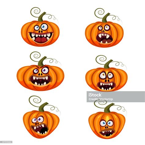 세트 호박 할로윈 재미있는 얼굴은 소름 끼치고 무서운 재미있는 턱을 열어 괴물 문자를 표현 생물을 벡터 격리 만화 스타일 10월에 대한 스톡 벡터 아트 및 기타 이미지