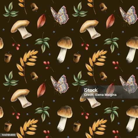 짙은 갈색 배경에 버섯 낙엽 도토리 딸기 및 나비가 있는 가을 매끄러운 패턴으로 선물 포장지 직물 및 직물에 가장 적합합니다 연속무늬에 대한 스톡 벡터 아트 및 기타 이미지
