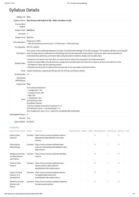 Data Science with Python SQL KHDL với Python và SQL Syllabus Details Syllabus ID