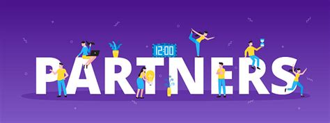 단어 파트너와 비즈니스 작은 사람들이 함께 일하는 큰 문자 어두운 그라데이션 배경에 격리 된 평면 스타일 디자인 벡터 일러스트