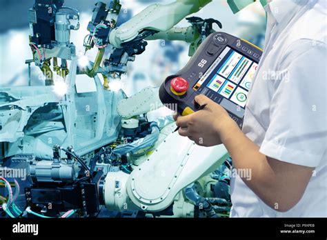 Iot Smart Factory Industry 4 0 Technology Concept Engineer Use Controller Robot In Automation