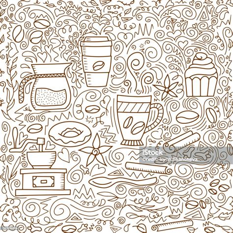 흰색에 분리 된 낙서 커피 패턴 커피 컵 핸드 드로잉 라인 아트 향기로운 커피컵 마핀과 스틱 계피 숟가락 스케치 벡터 스톡 일러스트 계피에 대한 스톡 벡터 아트 및 기타