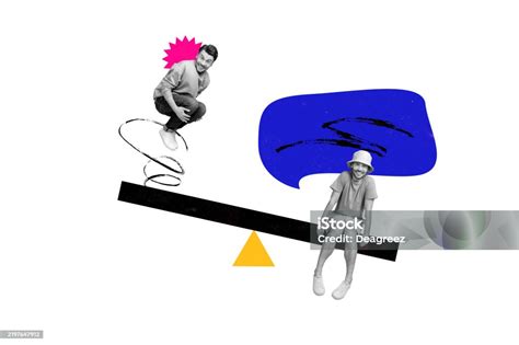 두 개의 미니 블랙 화이트 색상의 복합 콜라주 사진 얘들 아 점프 대화 거품 크리 에이 티브 배경에 고립 35 39세에 대한 스톡 사진 및 기타 이미지 Istock