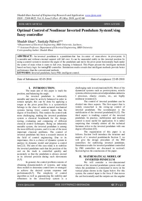 Pdf Optimal Control Of Nonlinear Inverted Pendulum Systemusing Fuzzy Controller