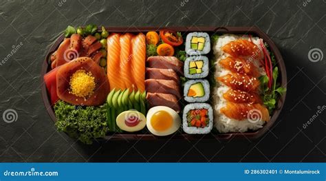 Sushi Bento Box Lunch Traditional Food With Rice Roll Nori Carrot