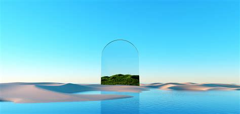 3d 렌더링 기하학적 모양이 있는 초현실적인 파스텔 풍경 배경 아치가 있는 조미료 풍경의 추상적인 환상적인 사막 모래 언덕 복사