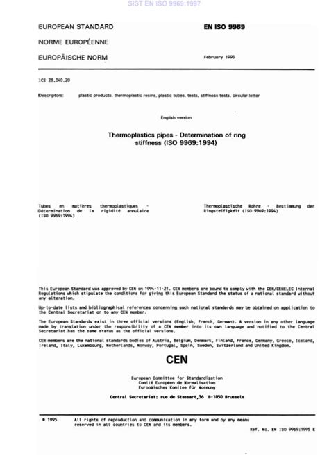 En Iso 9969 1995 Thermoplastics Pipes Determination Of Ring Stiffness Iso 9969 1994