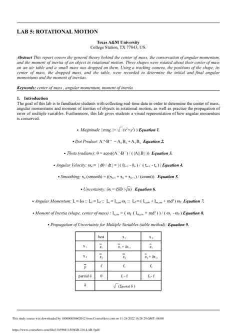 texas aandm university engr 216 lab 5 rotational motion