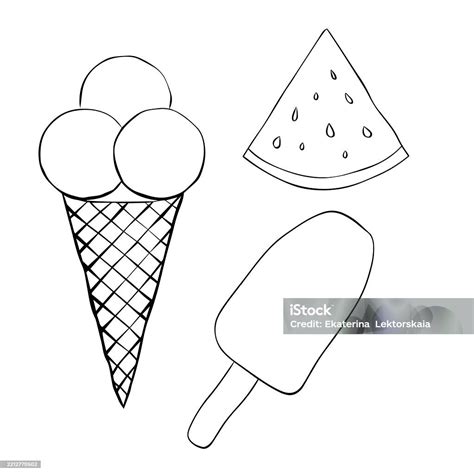 아이스크림과 수박 슬라이스 일러스트 세트 벡터 그래픽 라인 잉크 아이콘이 분리되어 있습니다 여름 사막 메뉴를 위한 요소 스트레스 해소와 휴식을 위한 색칠 공부 시트 0명에