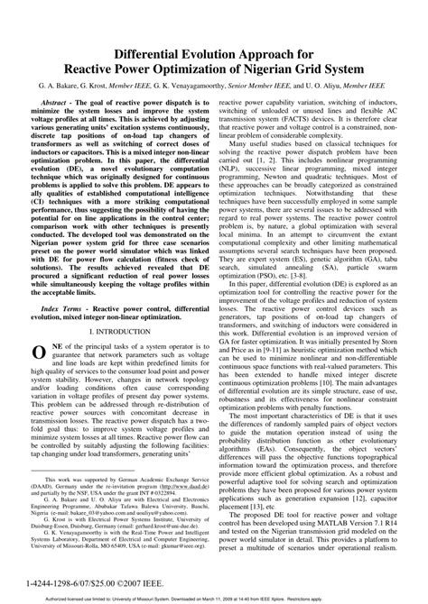 Pdf Differential Evolution Approach For Reactive Power Optimization