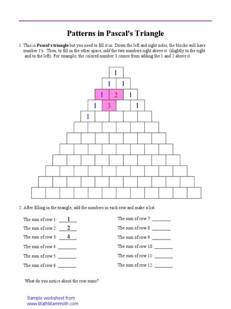 Patterns In Pascals Triangle Sample Worksheet From Pdf Worksheets