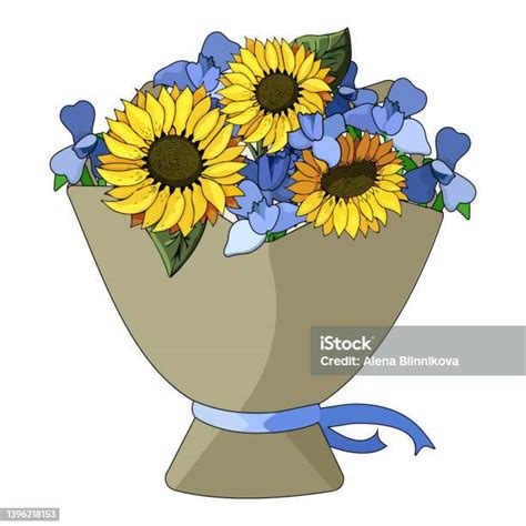 파란 홍채와 노란 해바라기의 공예 종이에 엽서를위한 획이있는 벡터 일러스트 라잉 꽃다발 벡터에 대한 스톡 벡터 아트 및 기타 이미지 벡터 해바라기 흰색 배경 Istock