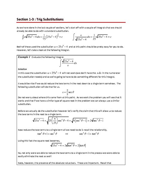 Calc Ii Trig Subst Lecture Notes 7 Warning Tt Undefined Function