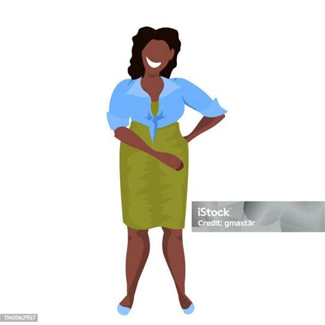 뚱뚱한 뚱뚱한 여자 서 있는 자세 아프리카계 미국인 중량이 초과 된 우연한 여자 비만 개념 여성 만화 성격 전체 길이 편평한 백색 배경 개념에 대한 스톡 벡터 아트 및 기타