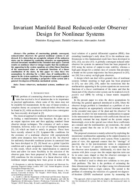 Pdf Invariant Manifold Based Reduced Order Observer Design For Nonlinear Systems