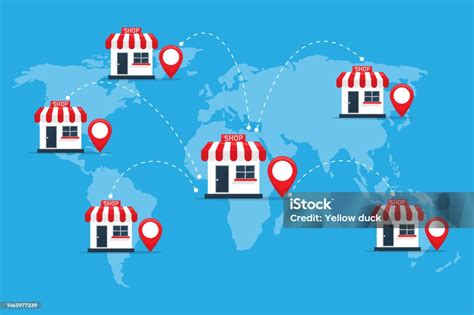 세계의 프랜차이즈 비즈니스 스토어 상점 투자는 위치 세계지도로 확장됩니다 새로운 지점 상점을 엽니 다 벡터 일러스트레이션 평면 디자인 선거권에 대한 스톡 벡터 아트 및 기타