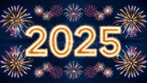 Fireworks Exploding Behind Bright 2025 Number Celebrating New Year S Eve Stock Illustration