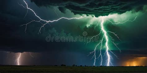 Realistic Photography Of A Green Lightning Stri Ai Generated Stock