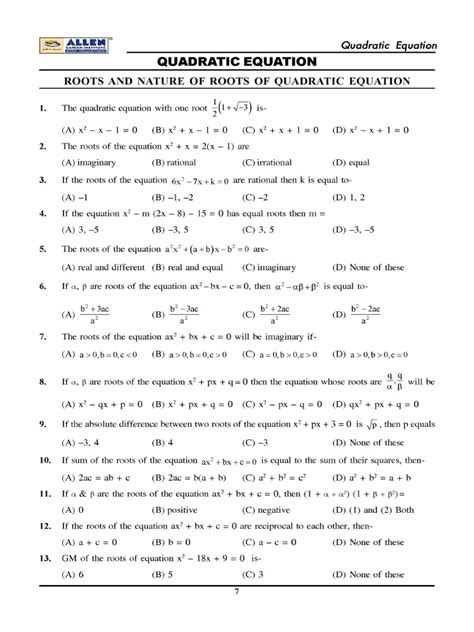 02 Quadratic Equation Question Bank Pdf