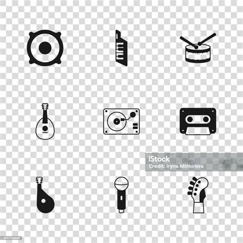 마이크 레트로 오디오 카세트 테이프 기타 넥 비닐 디스크가 있는 비닐 플레이어 드럼 드럼 스틱 스테레오 스피커 숄더 키보드 및 만돌린 아이콘을 설정합니다 벡터 Dj에 대한
