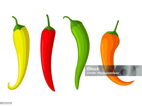 뜨거운 빨간색 노란색과 녹색 칠리 고추 흰색 배경에 고립 설정 만화 멕시코 칠리 파프리카 아이콘 표지판 매운 음식 기호 카이엔 고추 벡터 일러스트레이션 개체 그룹에 대한