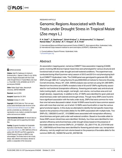 Pdf Genomic Regions Associated With Root Traits Under Drought Stress In Tropical Maize Zea