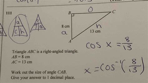 Solved 1 Triangle Abc Is A Right Angled Triangle Ab 8cm Ac 13cm Work Out The Size Of Angle Cab