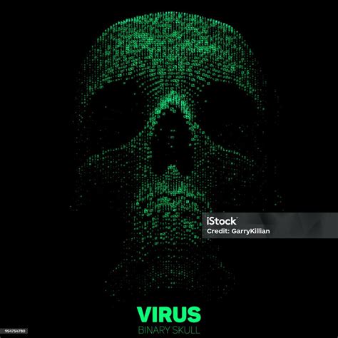 벡터 해골 녹색 이진 코드로 구성입니다 인터넷 보안 개념 그림입니다 바이러스 또는 맬웨어 추상 시각화 큰 데이터 이미지를 해킹 두개골에 대한 스톡 벡터 아트 및 기타 이미지